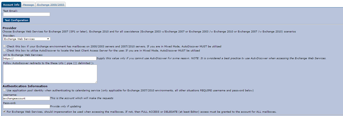 Use Application Pool Identity for Integration for Exchange Service Account